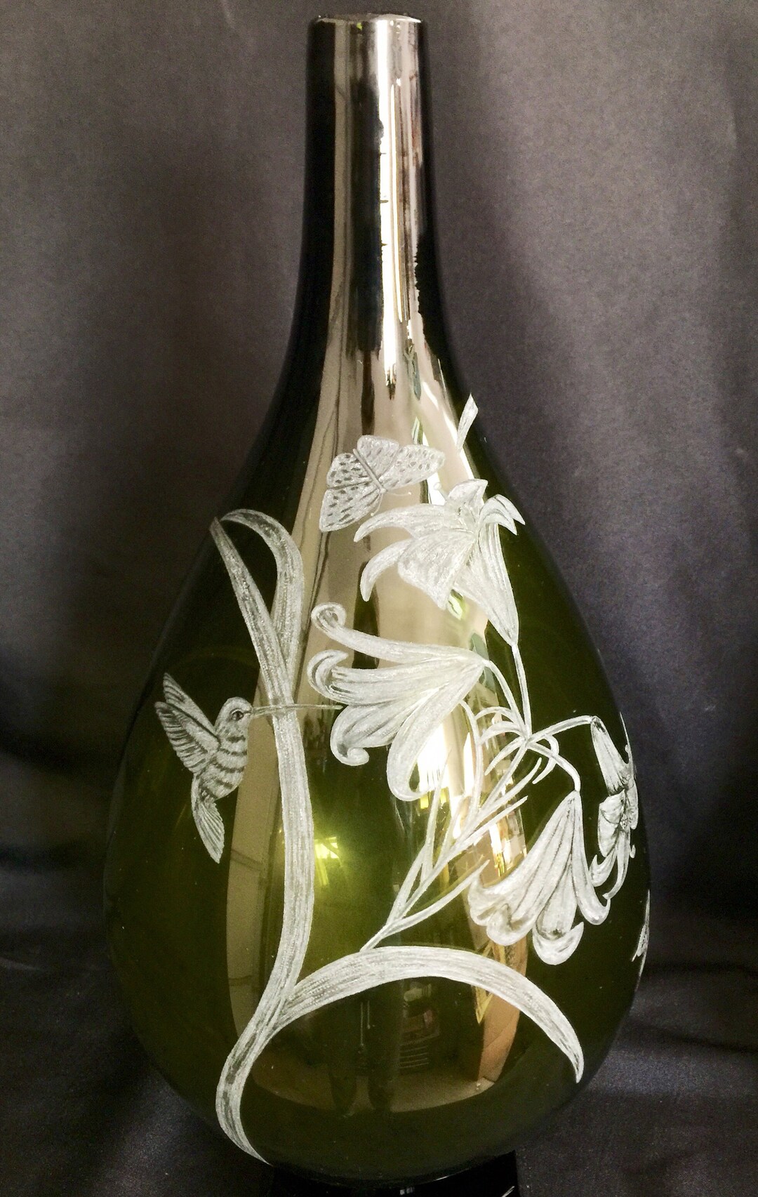 Hand Engraved Floral Vase, Hummingbird, Lilies, Butterflies, Engraved ...