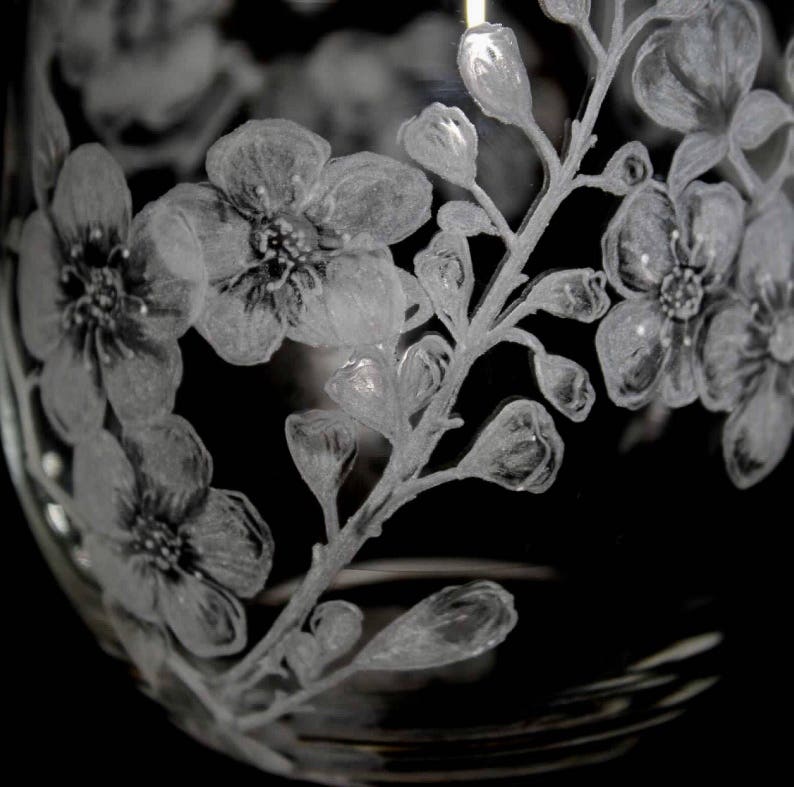 Hand Engraved Cherry Blossom Stemless Glass Stemless Wine Etsy