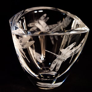 Hand Engraved Dragonfly Bowl, Crystal, Dragonflies Engraved, Center ...