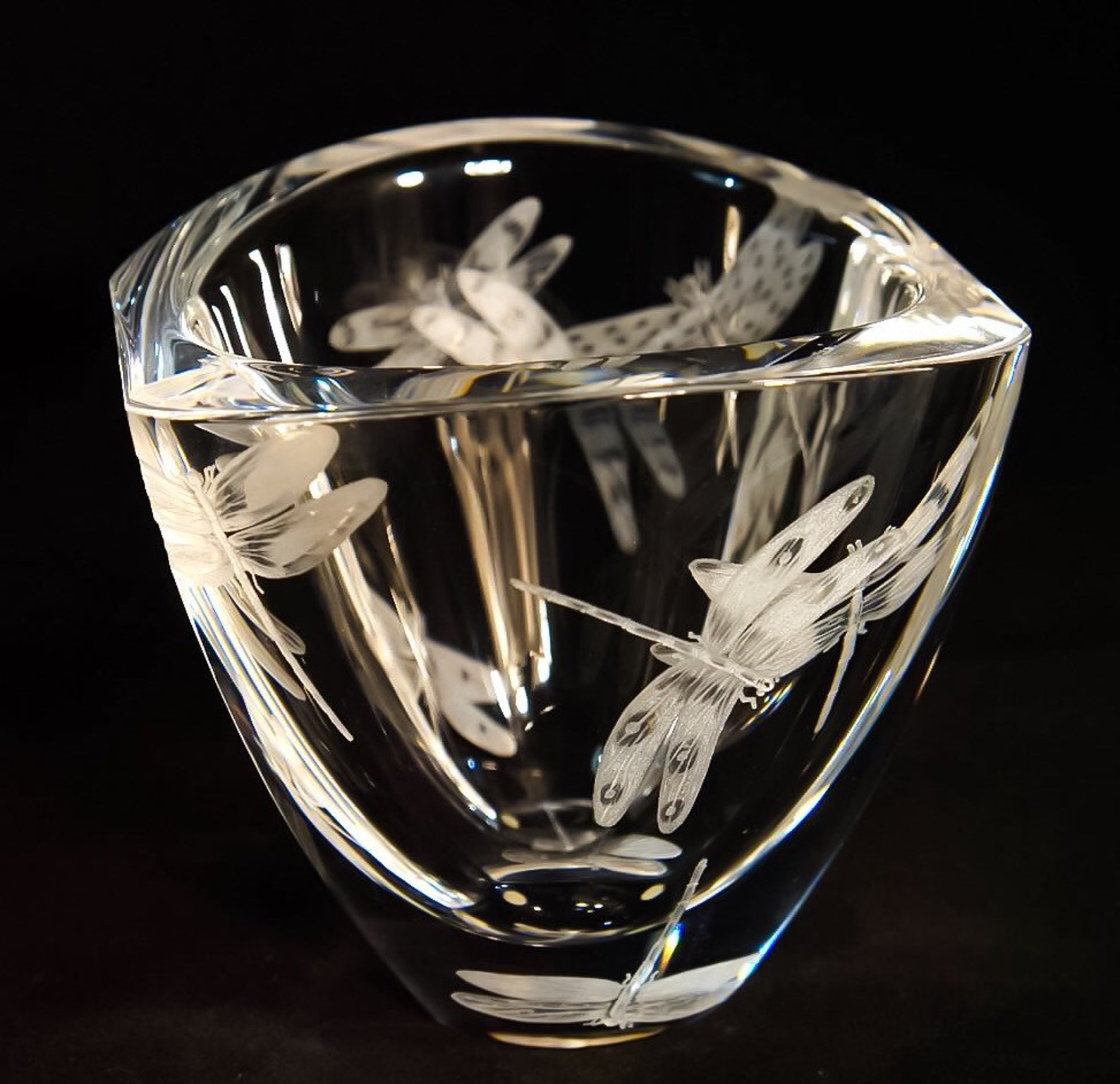 Hand Engraved Dragonfly Bowl, Crystal, Dragonflies Engraved, Center ...