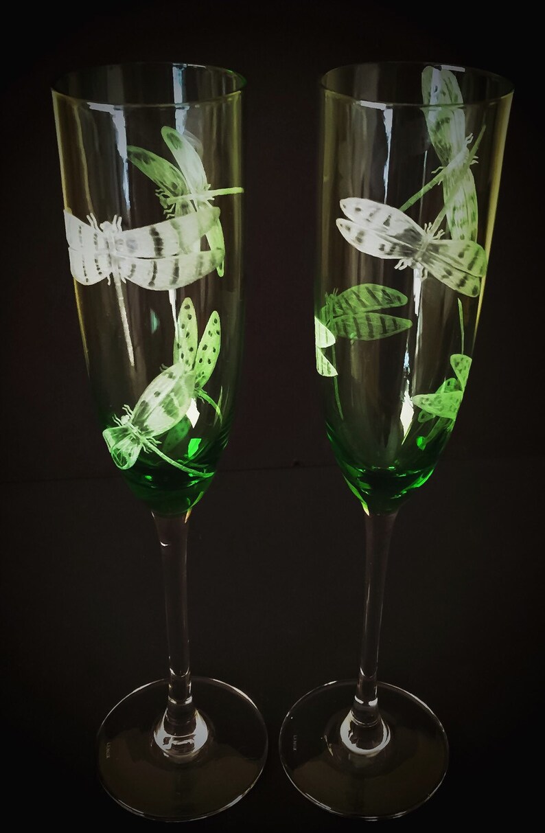 Hand Engraved Dragonfly Champagne Flutes, Dragonfly Etched, Office ...
