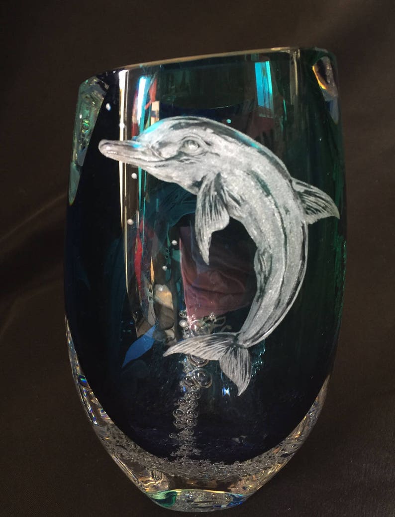 Hand Engraved Dolphin Vase, Glass Engraving, Dolphins, Vase Etched ...