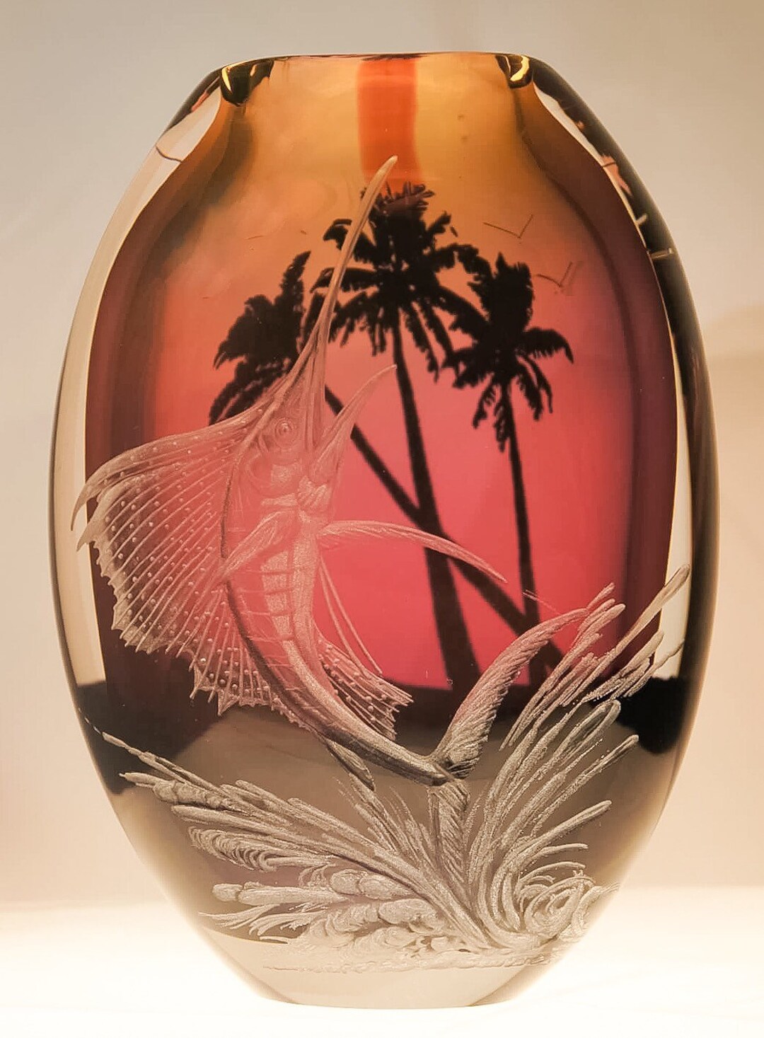 Hand Engraved Sail Fish Vase, Handblown Vase, Engraved Sail Fish, Deep ...