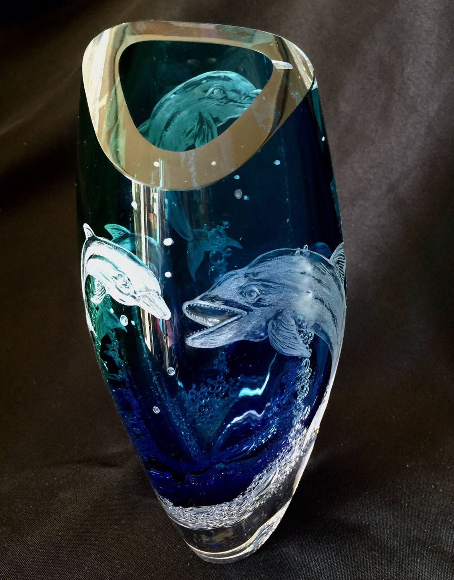 Hand Engraved Dolphin Vase, Glass Engraving, Dolphins, Vase Etched ...
