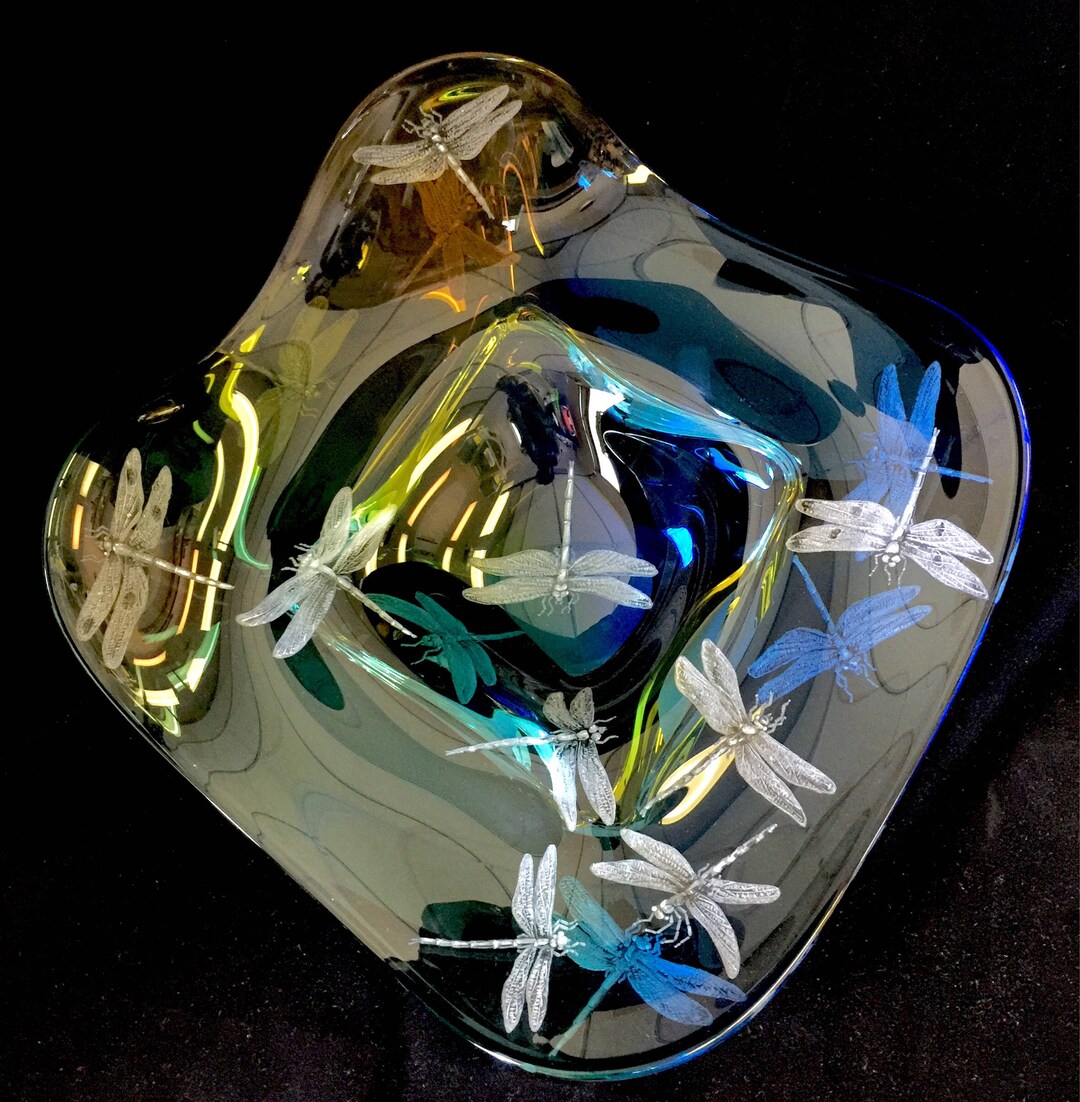 Hand Engraved Large Bowl Dragonflies, Engraved Dragonfly, Centerpiece ...