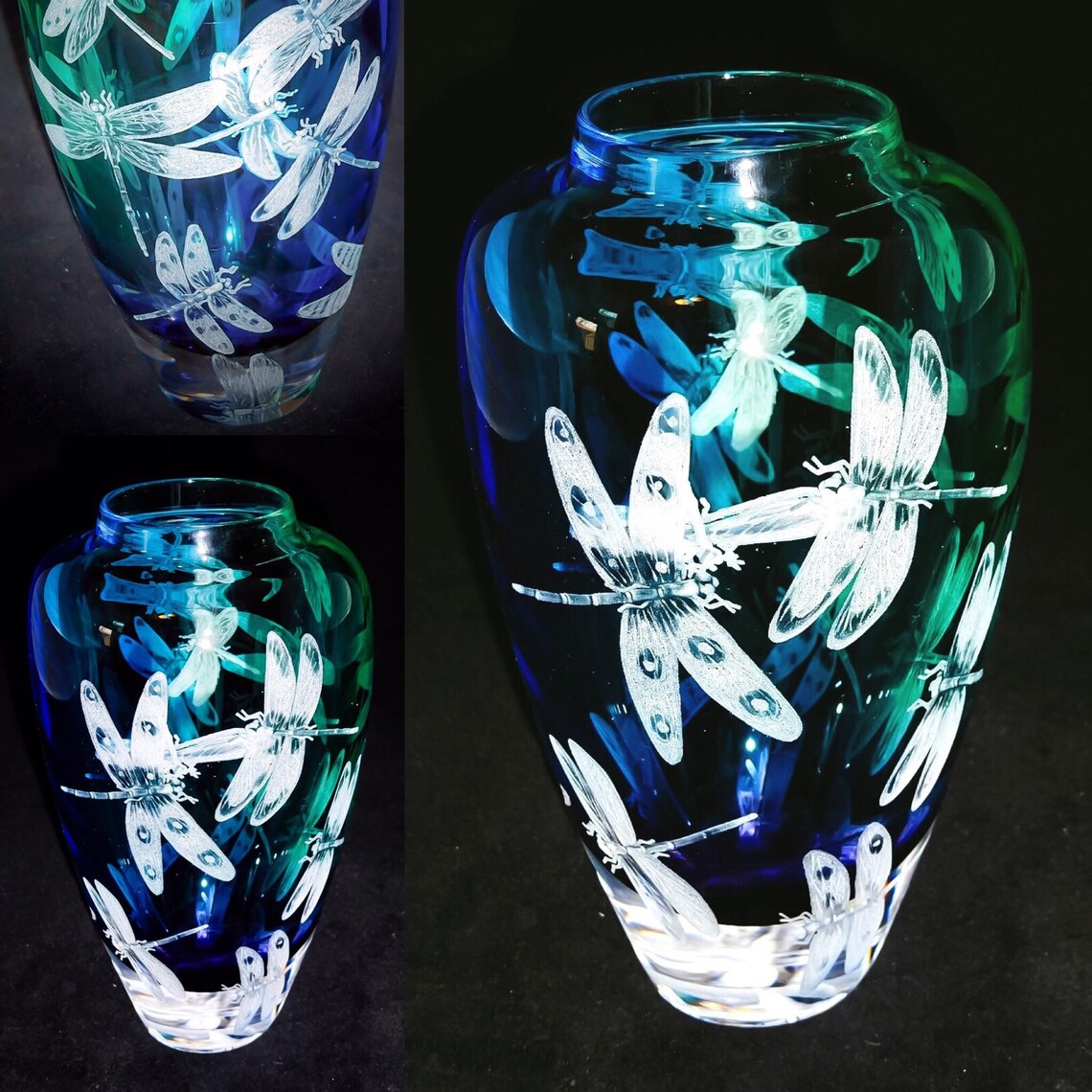 Hand Engraved Glass Vase, Dragonflies, Art Glass, Engraved, Weddings ...