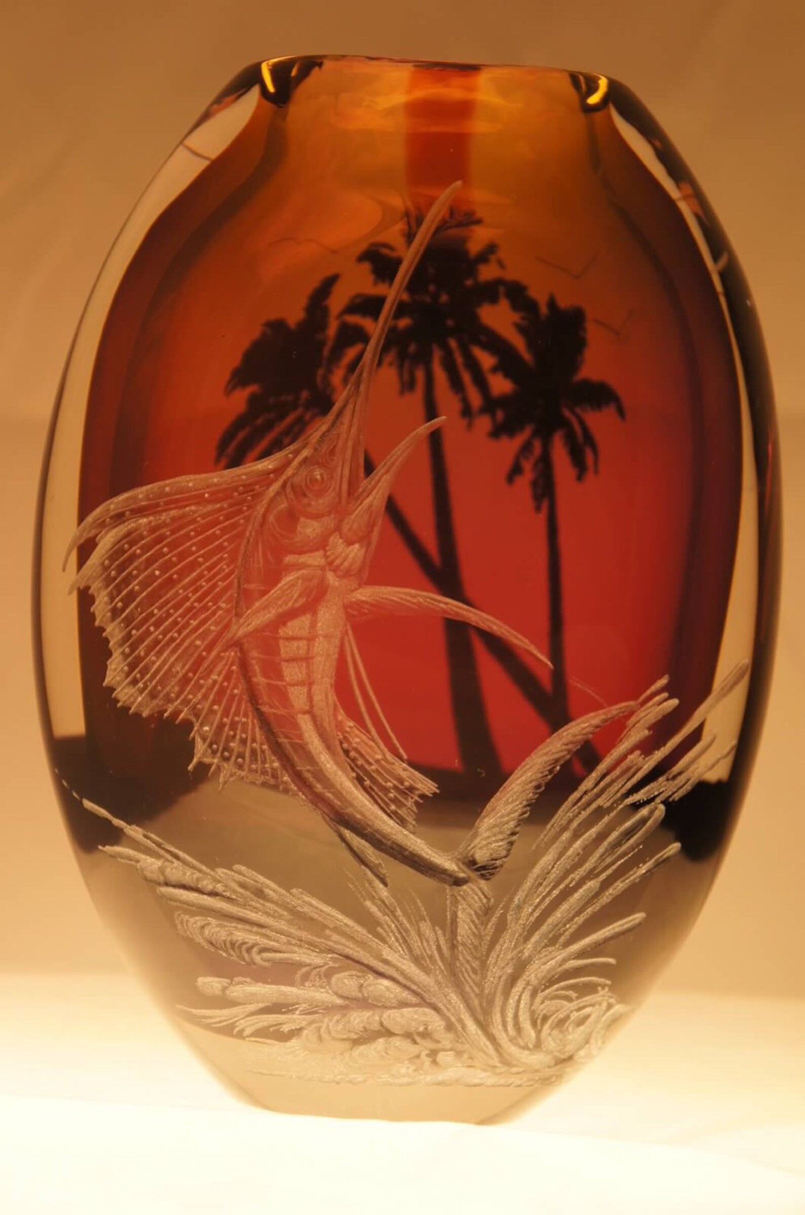 Hand Engraved Sail Fish Vase, Handblown Vase, Engraved Sail Fish, Deep ...
