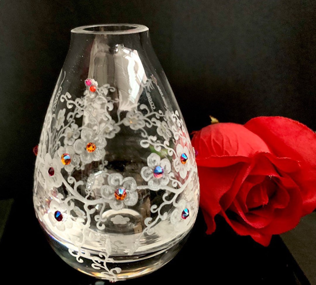 Hand Engraved Floral Vase, Engraved Glass, Flower Vase, Etched Flowers ...