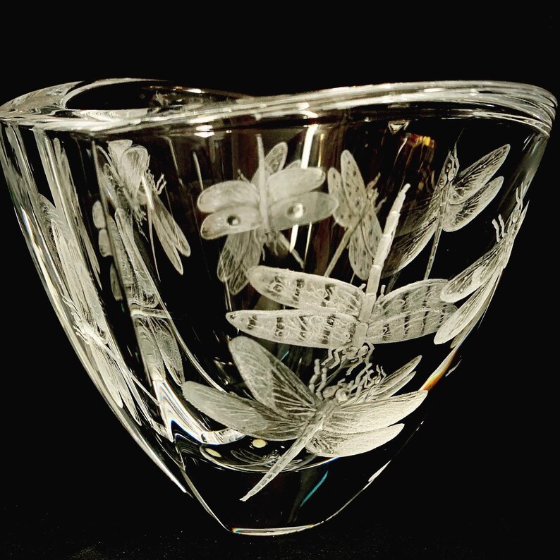 Hand Engraved Dragonfly Bowl, Crystal, Dragonflies Engraved, Center ...