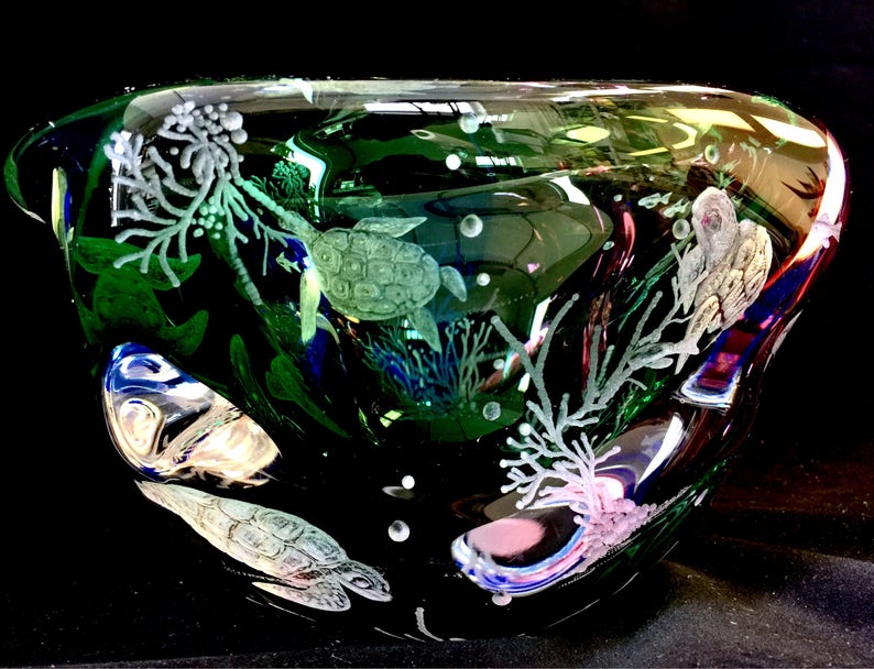 Hand Engraved Turtle Bowl, Crystal Bowl, Engraved Glass Bowl, Etched ...