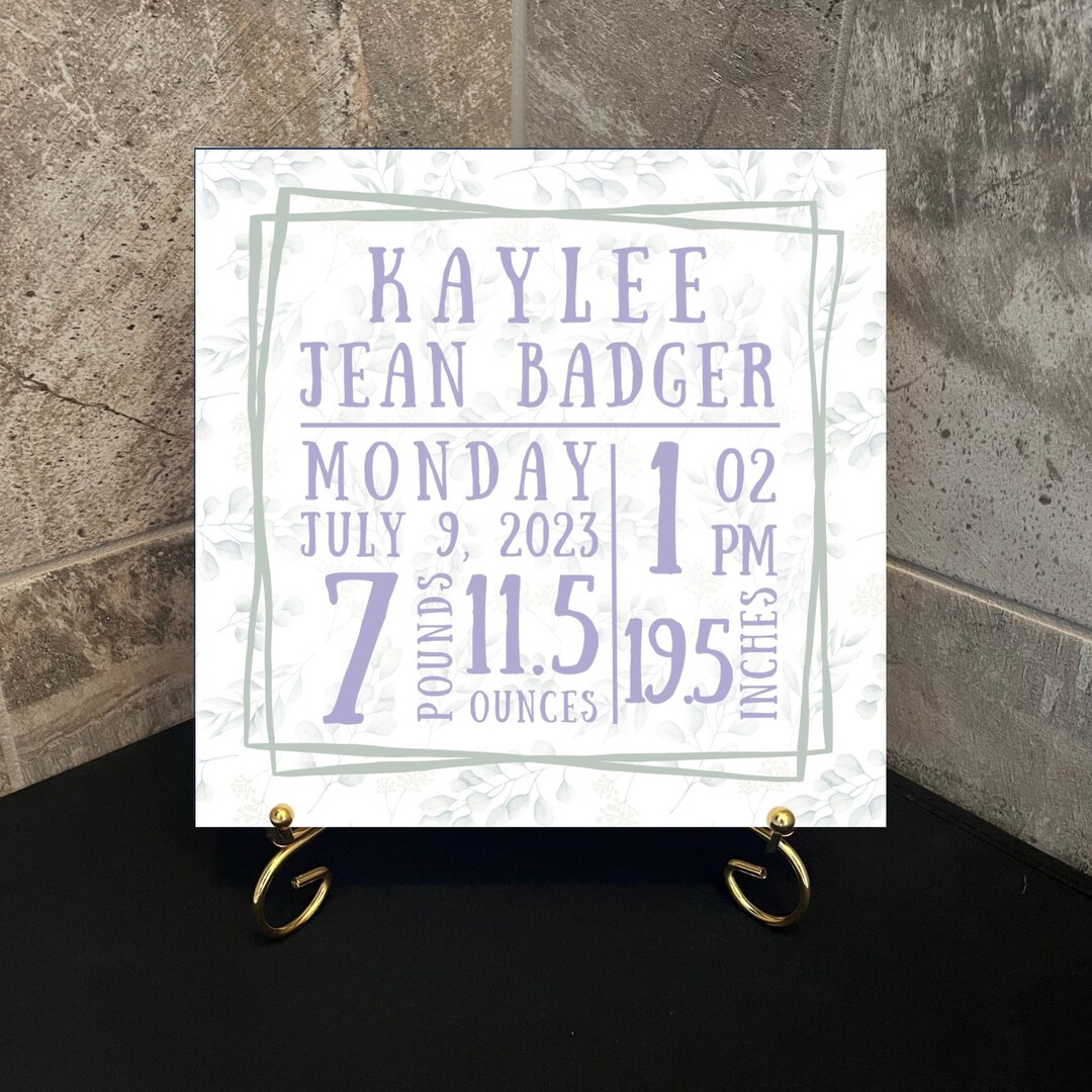 Baby Announcement Birth Stats Tile 8"x8" Personalized Tile Sage Green ...