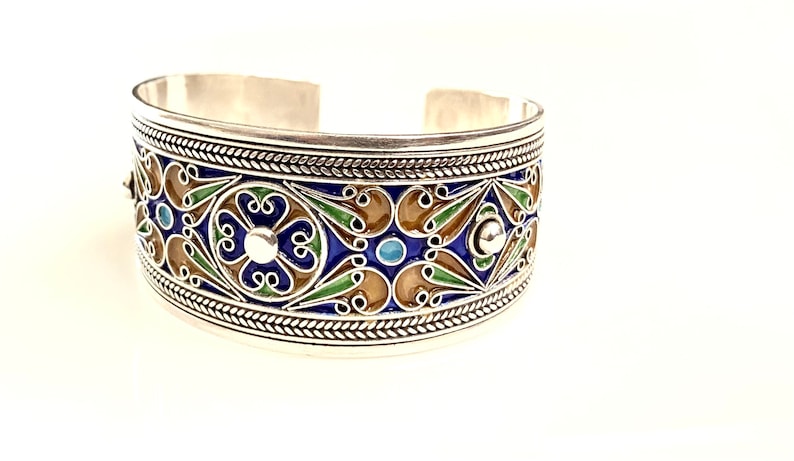 Solid Silver Moroccan BRACELET - Berber Enamel, Ethnic, Tribal, Arabic ...