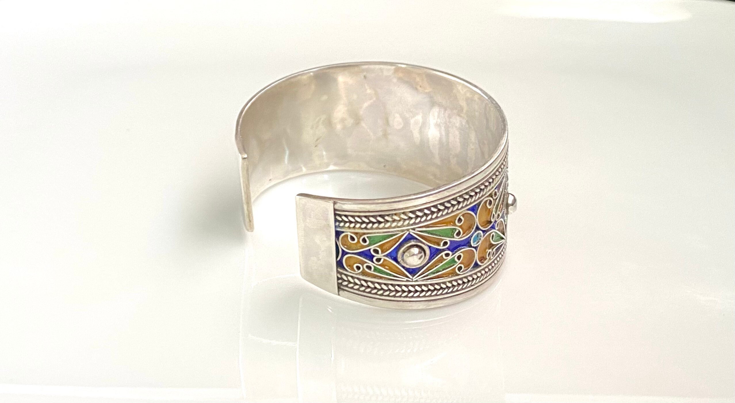 Solid Silver Moroccan BRACELET - Berber Enamel, Ethnic, Tribal, Arabic ...