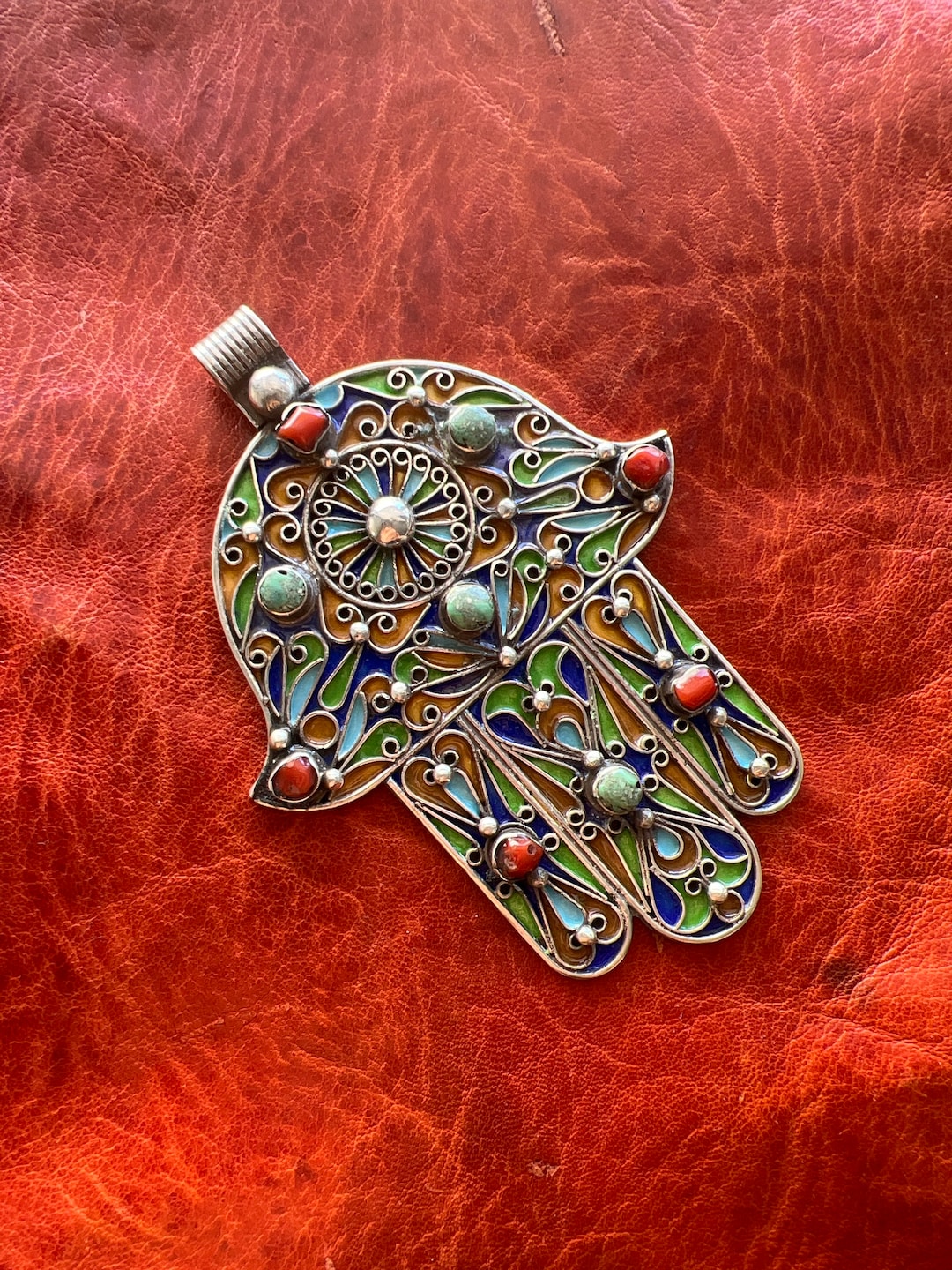 HUGE Solid SILVER Moroccan Hamsa- Moroccan Enamel Pendant, Coral ...