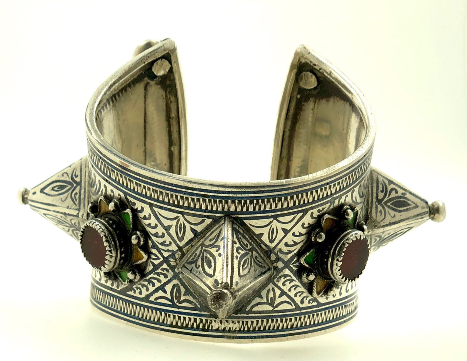 SILVER Moroccan Berber BRACELET - Cuff, Enamel, Niello, Spikes, Ethnic ...
