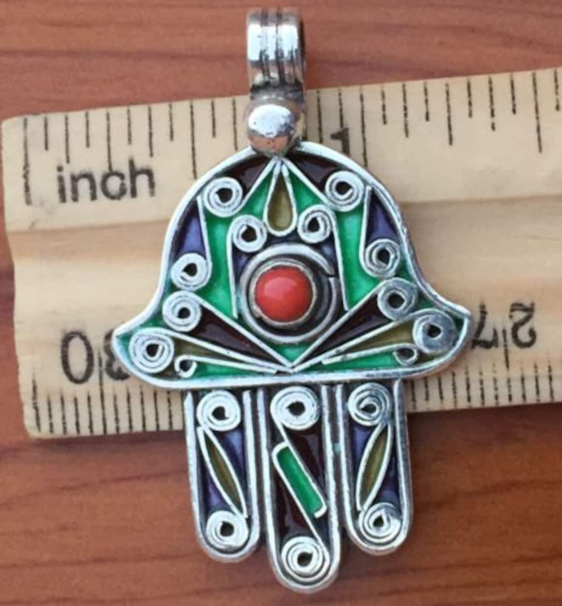 Solid SILVER Moroccan Hamsa- Moroccan Enamel Pendant, Coral - Berber ...