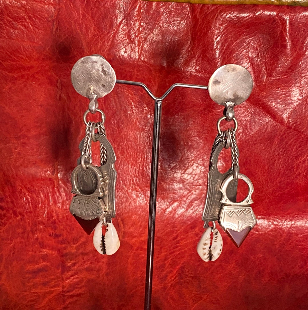 Antique Tuareg Silver EARRINGS- Berber, Nomad, Shell & Zinder Cross ...