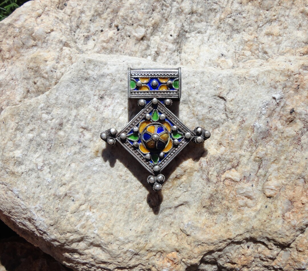 Solid Silver Moroccan Cross - Enamel, Berber Boghdad 3-D Pendant ...
