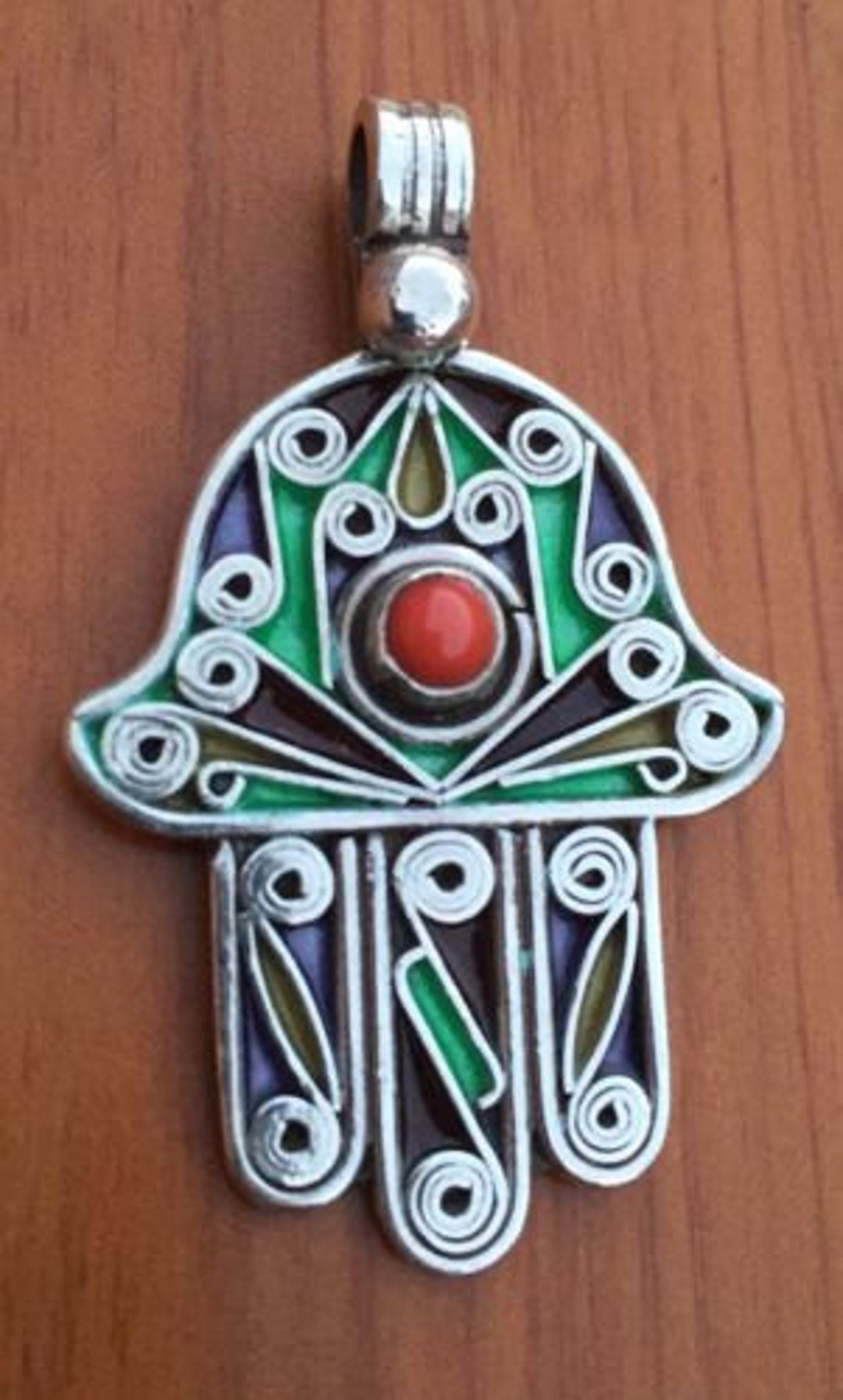 Solid SILVER Moroccan Hamsa- Moroccan Enamel Pendant, Coral - Berber ...