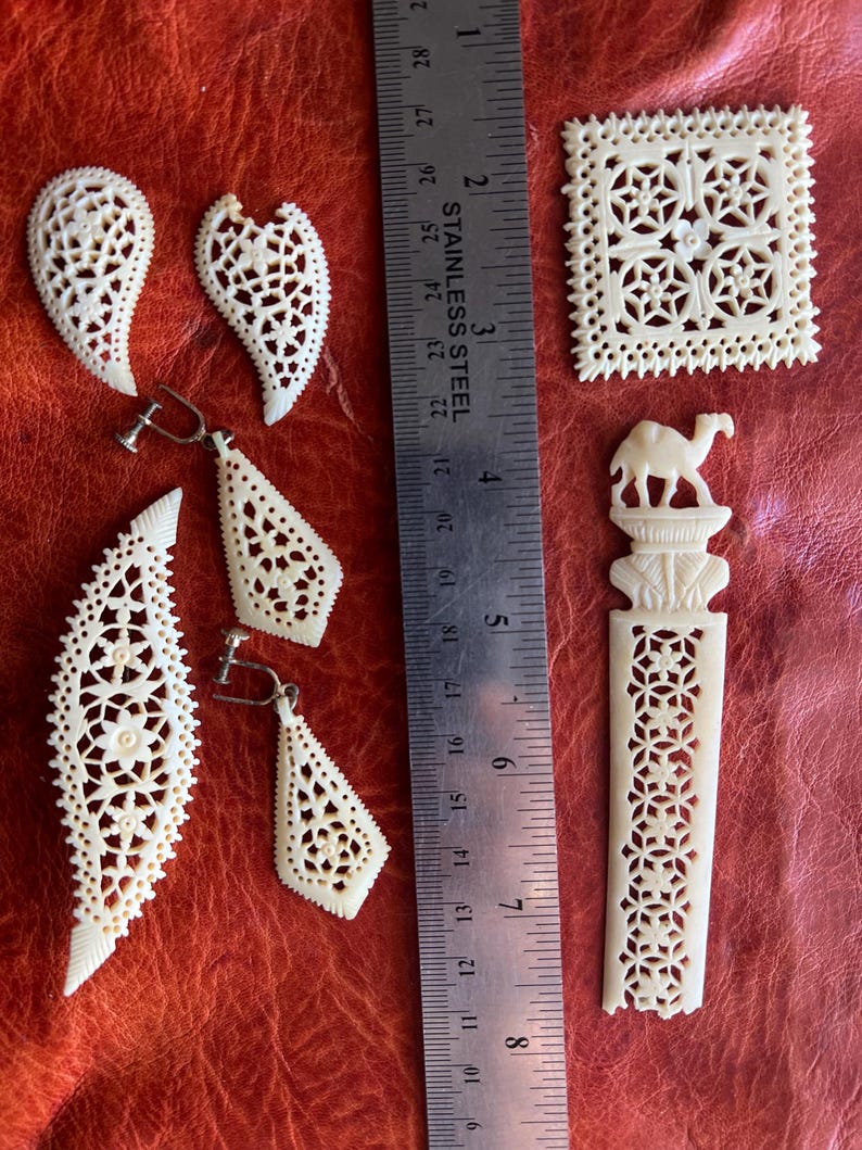 Vintage MCM Middle Eastern Jewelry - Fretwork, Carved Bone, Beads ...