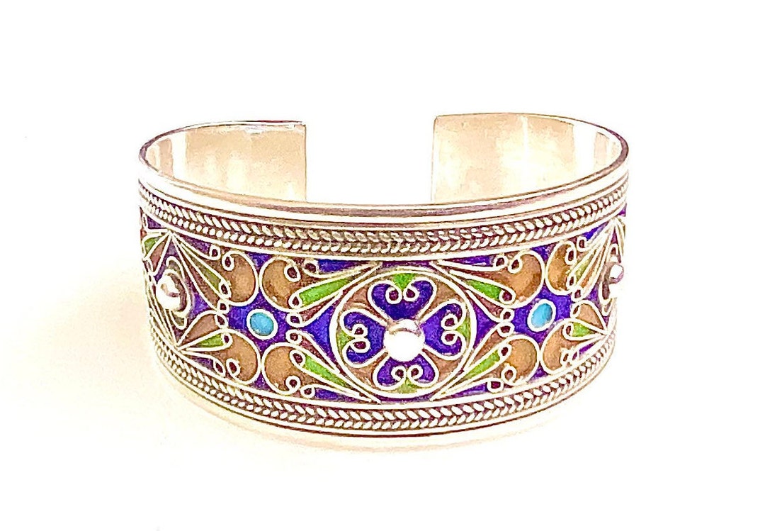 Solid Silver Moroccan BRACELET - Berber Enamel, Ethnic, Tribal, Arabic ...