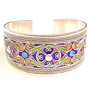 Solid Silver Moroccan BRACELET - Berber Enamel, Ethnic, Tribal, Arabic ...