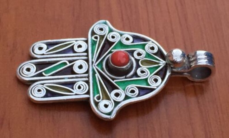 Solid SILVER Moroccan Hamsa- Moroccan Enamel Pendant, Coral - Berber ...