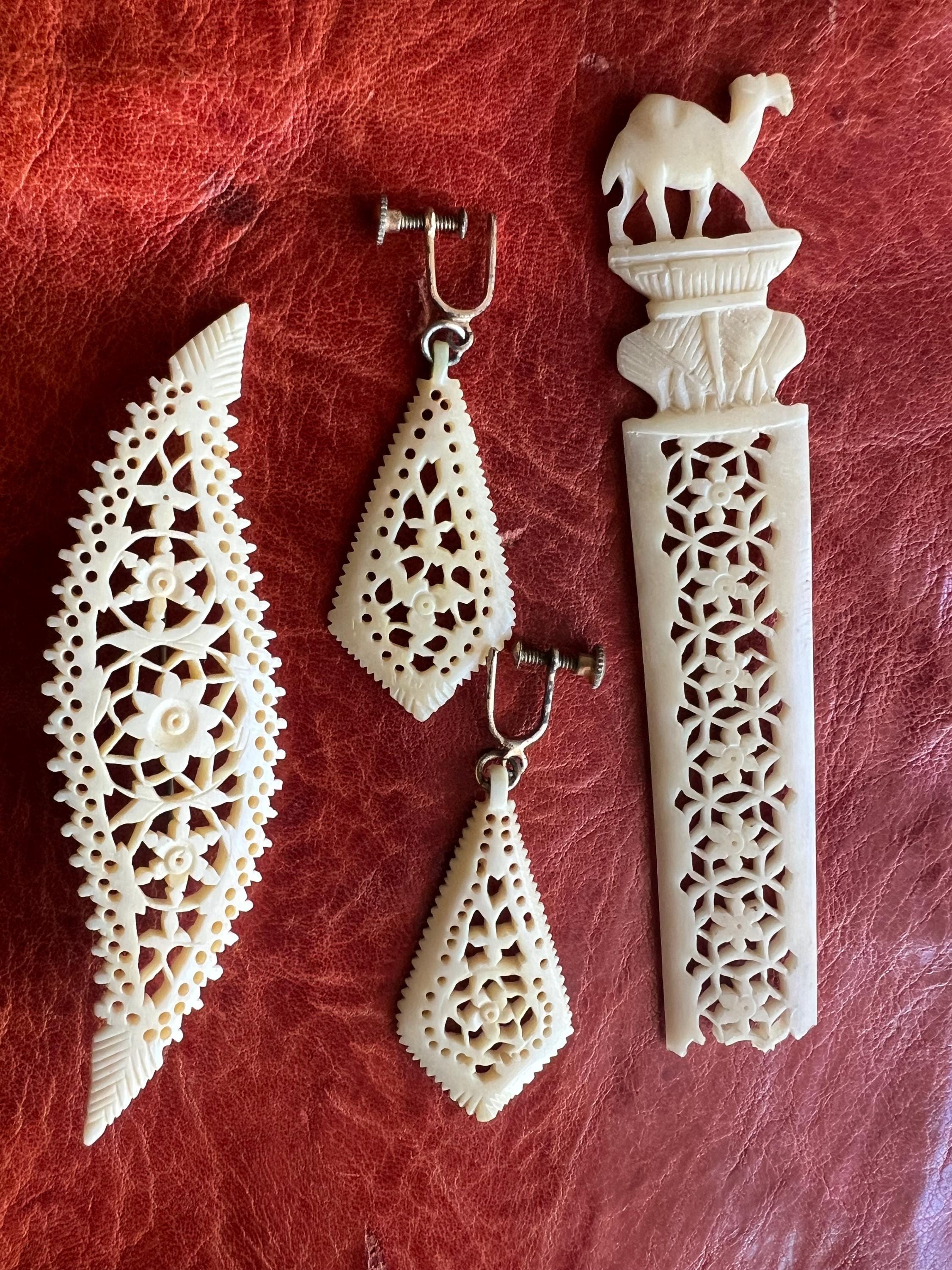 Vintage MCM Middle Eastern Jewelry - Fretwork, Carved Bone, Beads ...