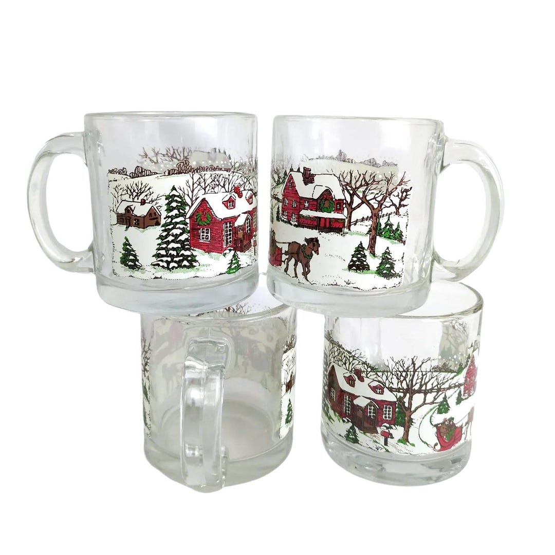 Set of 4 Vintage Libbey Winter Village Holiday Scene Glass Mugs USA ...