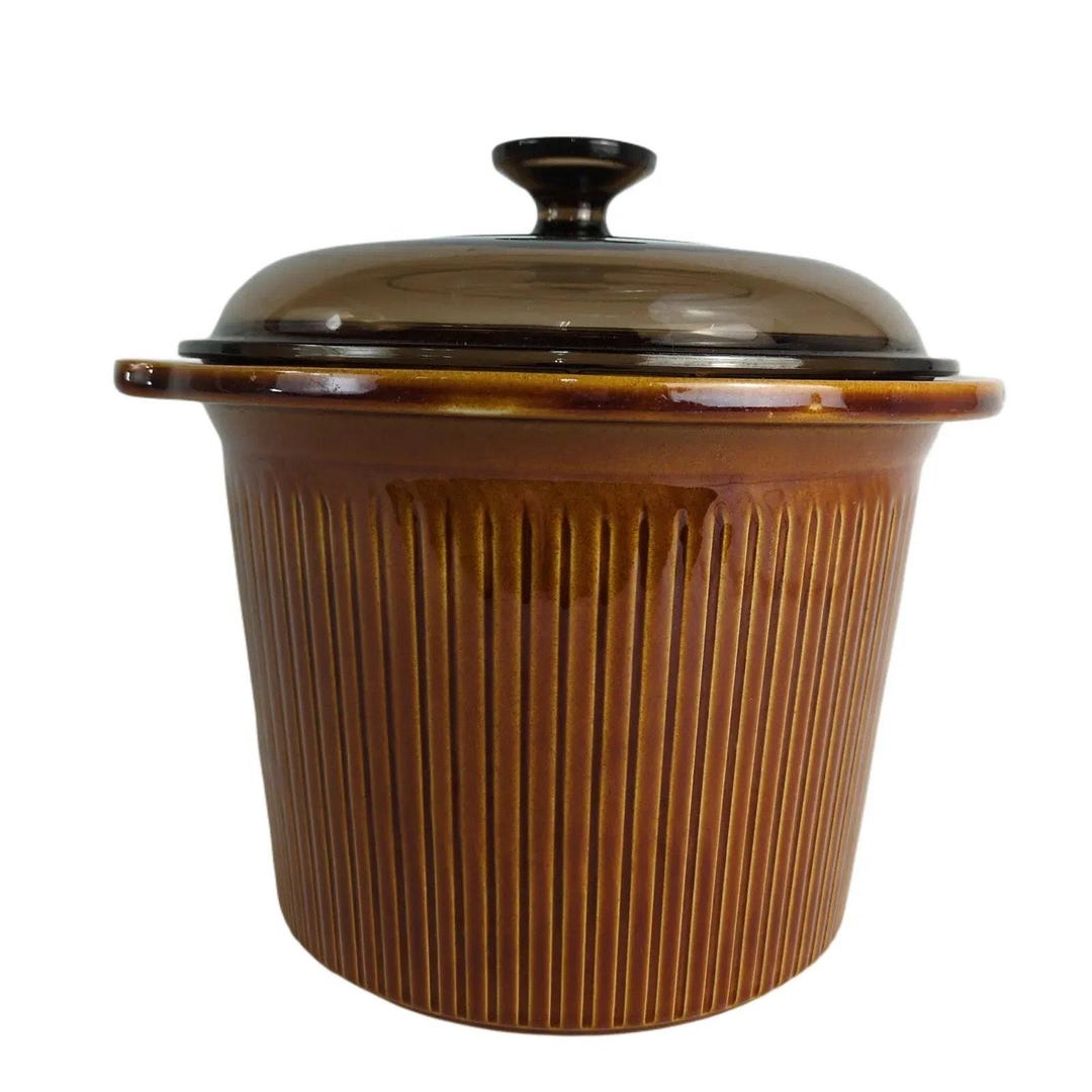 Vtg Rival Crock Pot Slow Cooker 3.5QT Brown Stoneware Insert W/ Pyrex ...