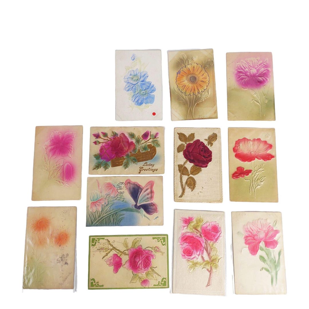 Set of 12 Antique Early 1900s Embossed Flower Postcards, Glitter Rose ...