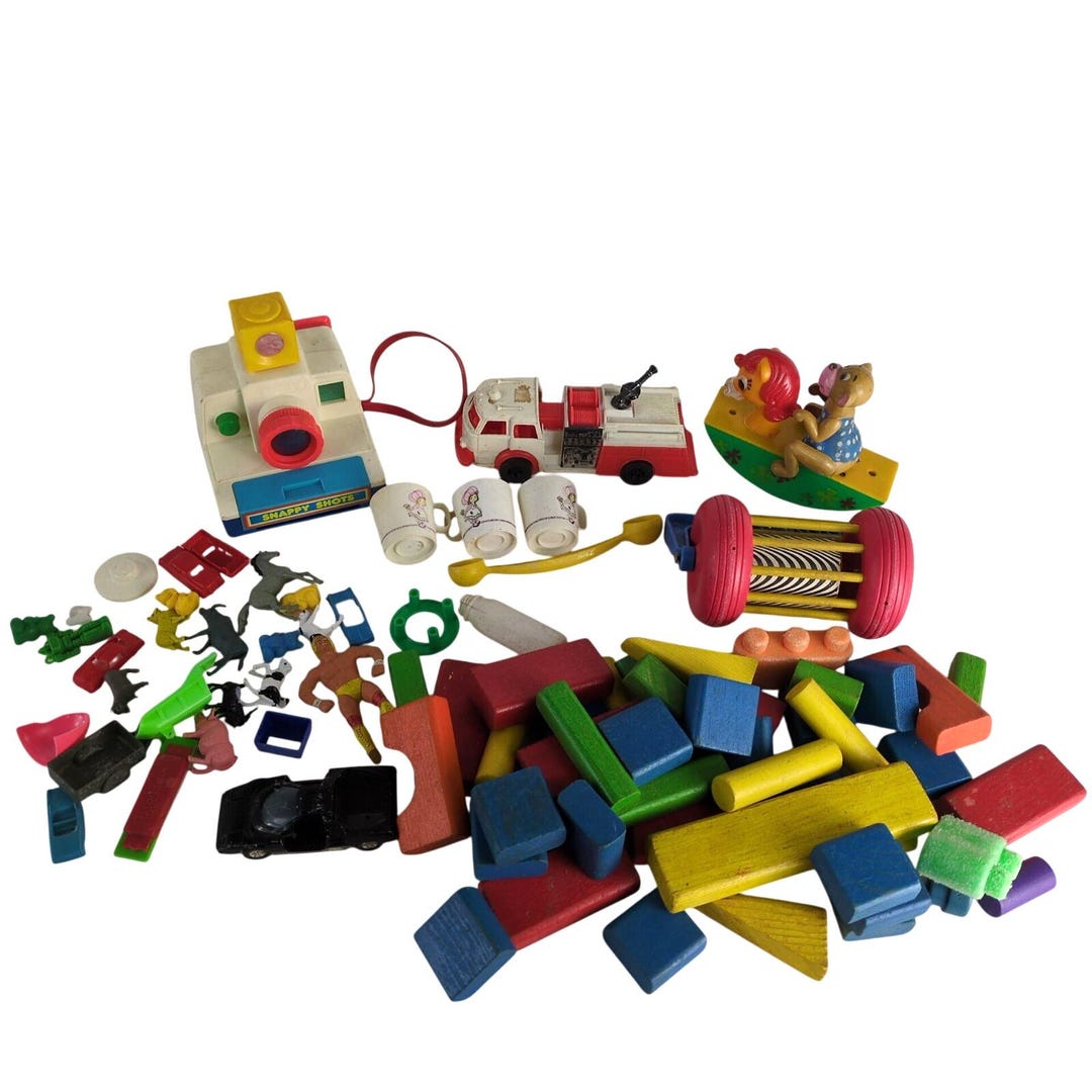 80pc Lot Vintage 60s 70s 80s Toys Wooden Blocks Tomy Camera Teacups ...