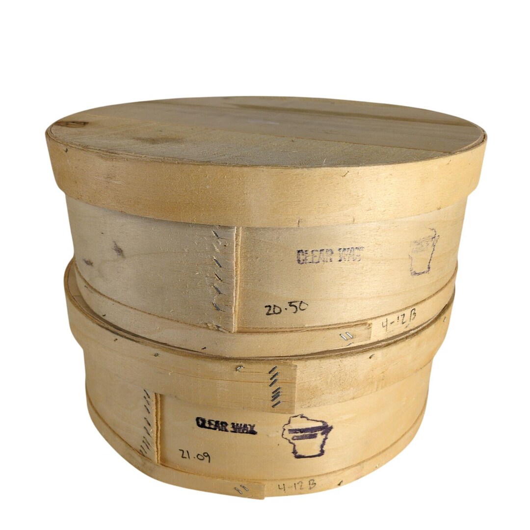 2 Vtg 15" Round Wood Cheese Boxes, Cheddar Dufeck's Denmark Wisconsin ...