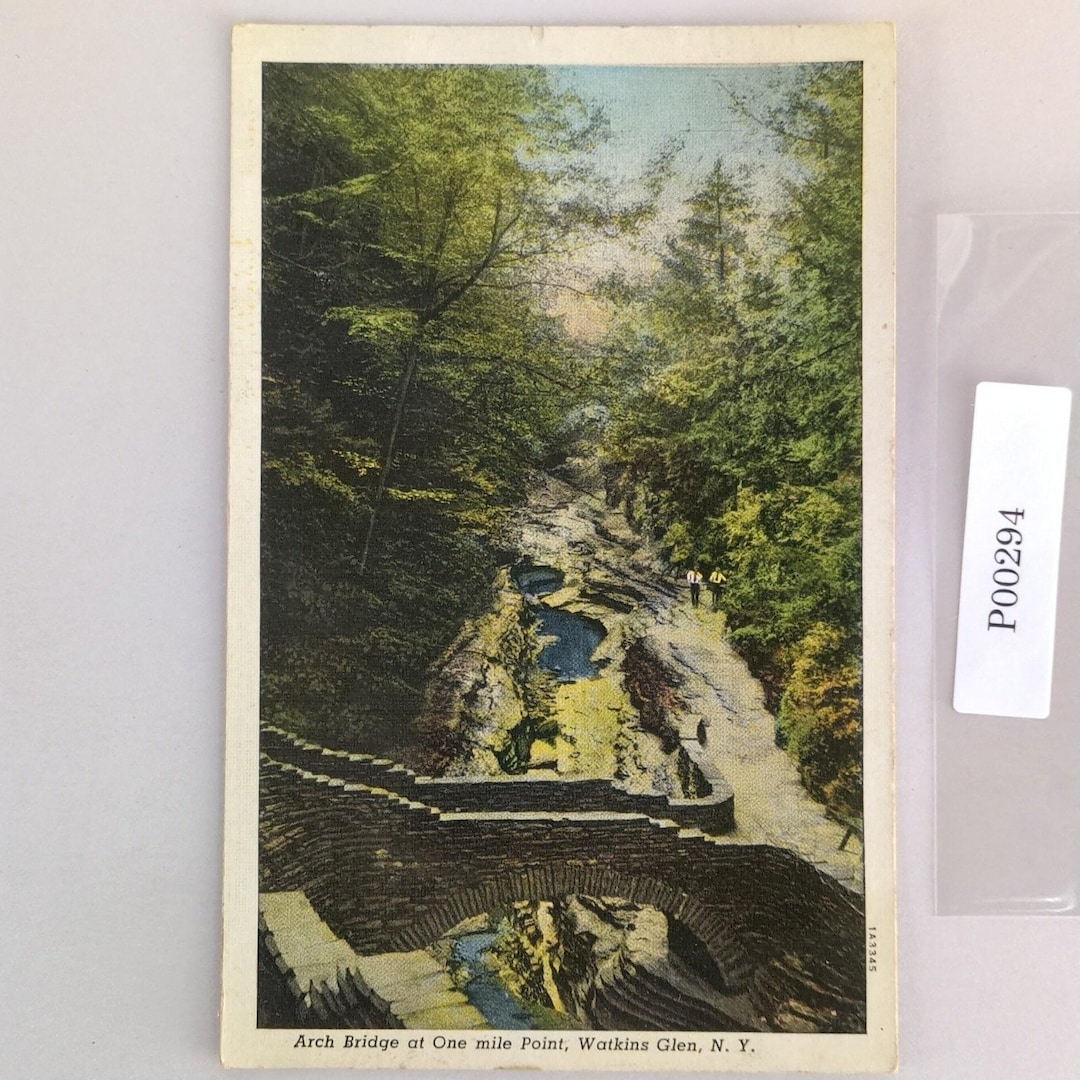 Vintage Linen Postcard 1939 Arch Bridge at One Mile Point Watkins Glen ...