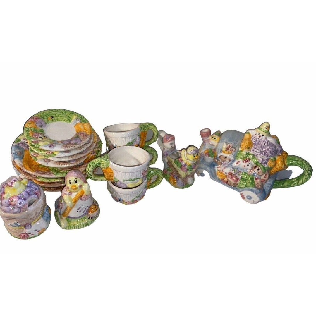 Carrot Top Farms Tea Set 1995 Cups Saucers Plates Bright - Etsy