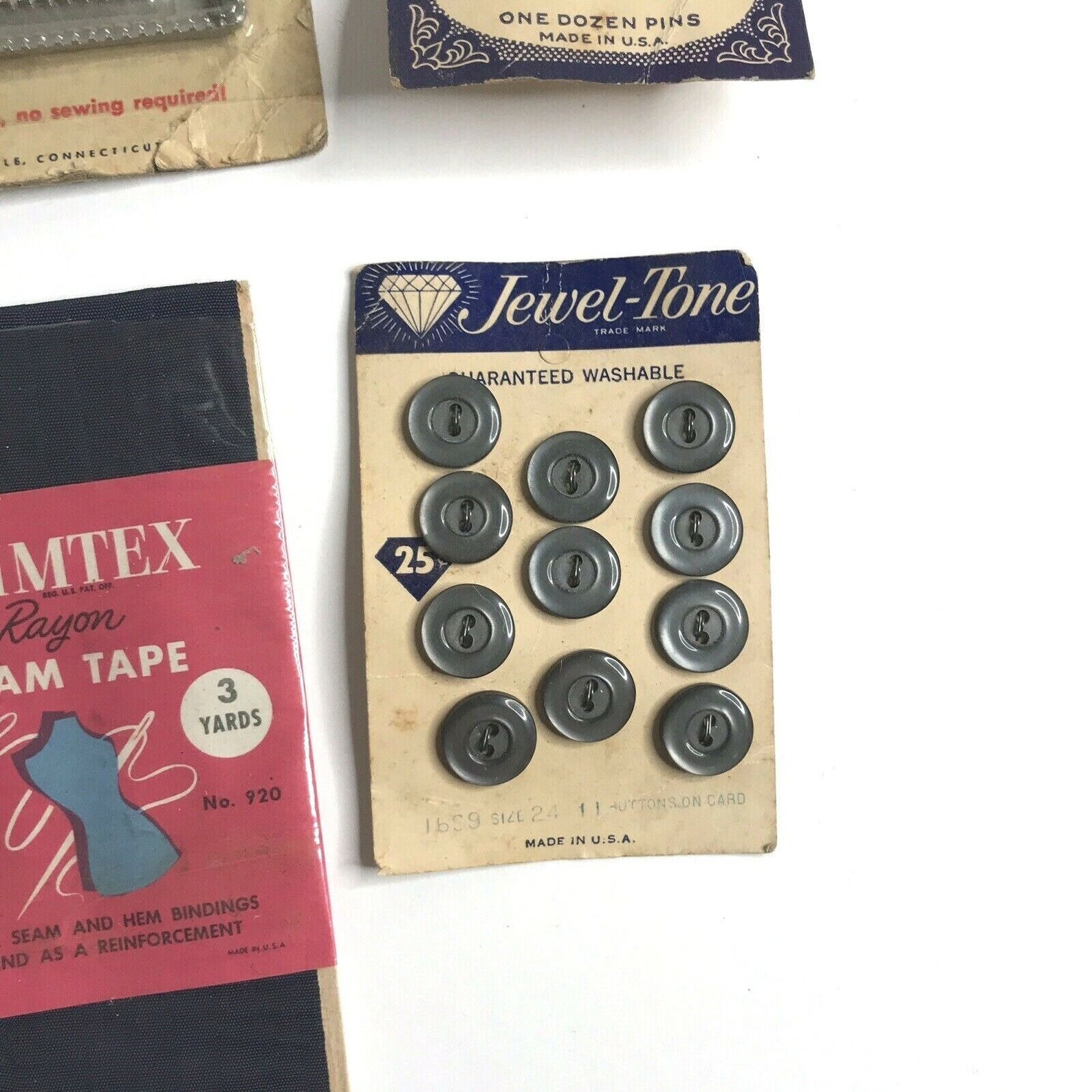 Vintage Sewing Supplies Safety Pins Snaps S Buckle Seam Tape Buttons ...