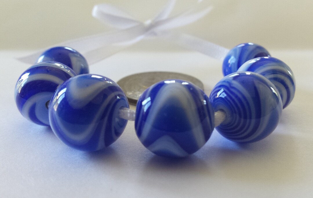 Lampwork Bead Set, Blue and White Swirled Beads, Glass Bead Set ...