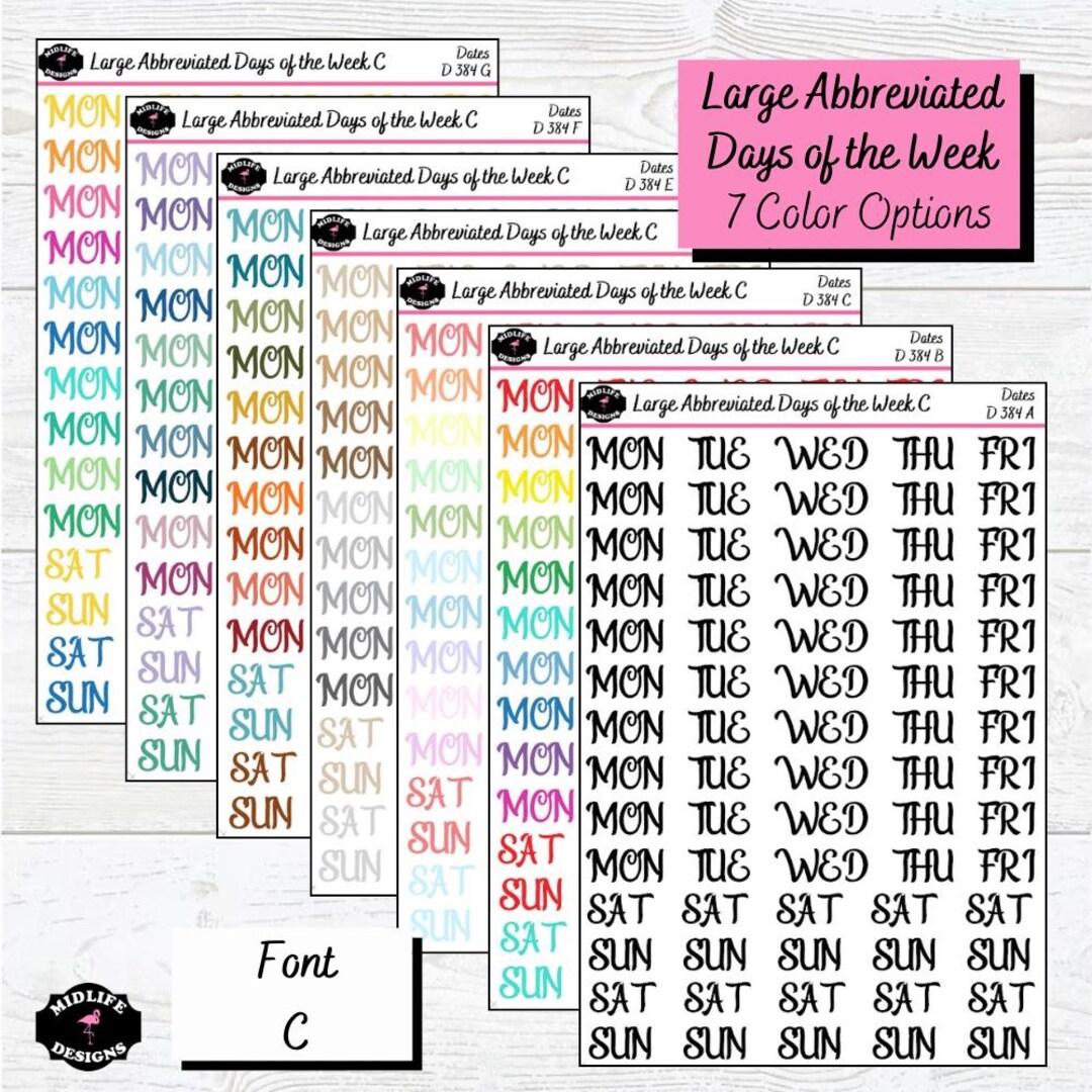 LARGE ABBREVAITED DAYS of the Week Font C | Days of the Week Planner ...