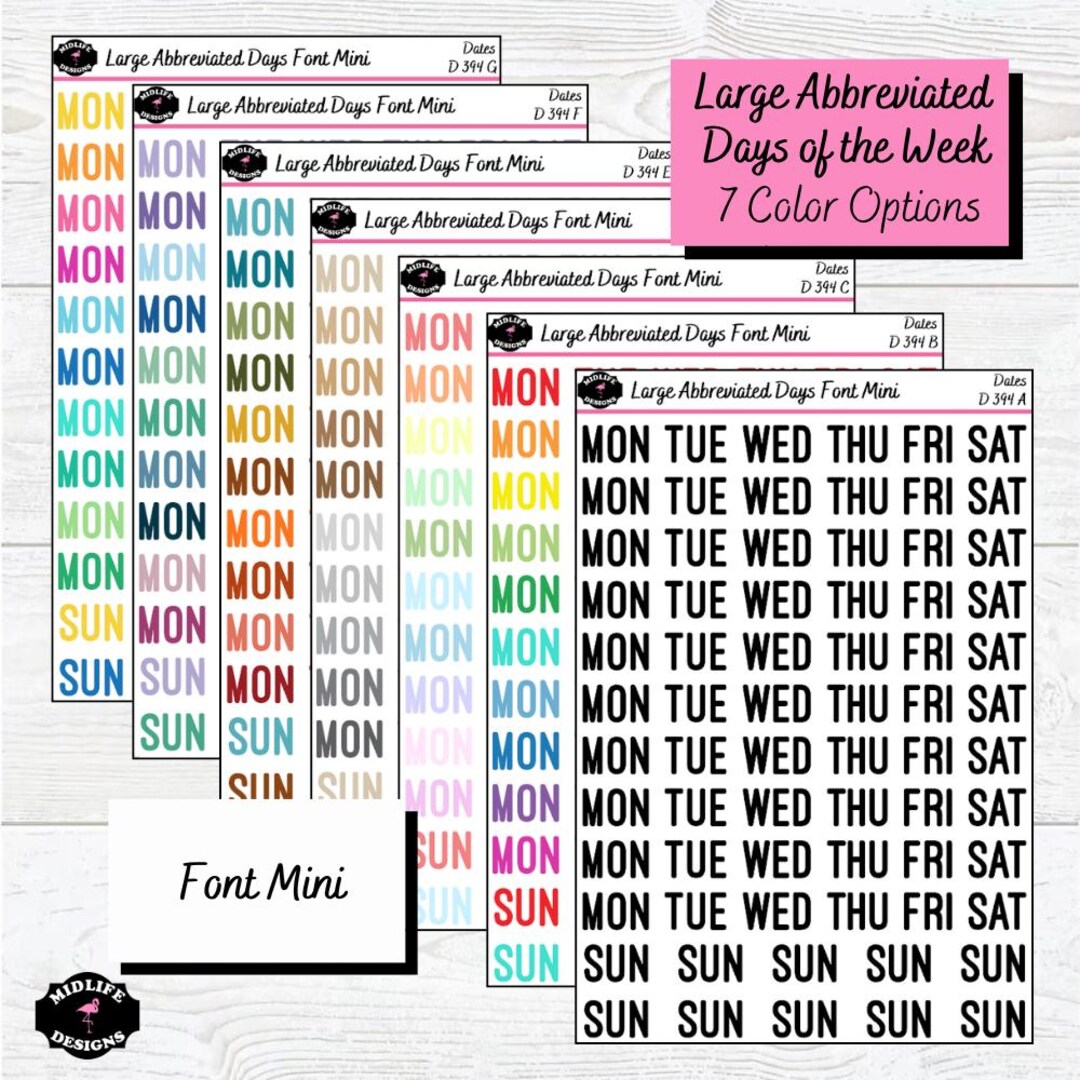 LARGE ABBREVIATED DAYS of the Week Font Mini | Days of the Week Planner ...