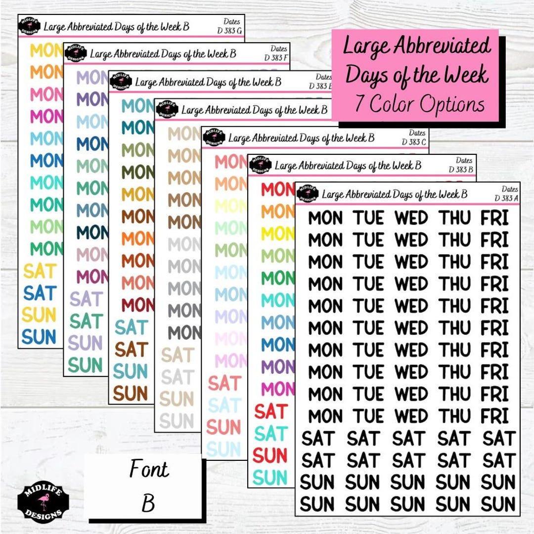 LARGE ABBREVIATED DAYS of the Week Font B | Days of the Week Planner ...
