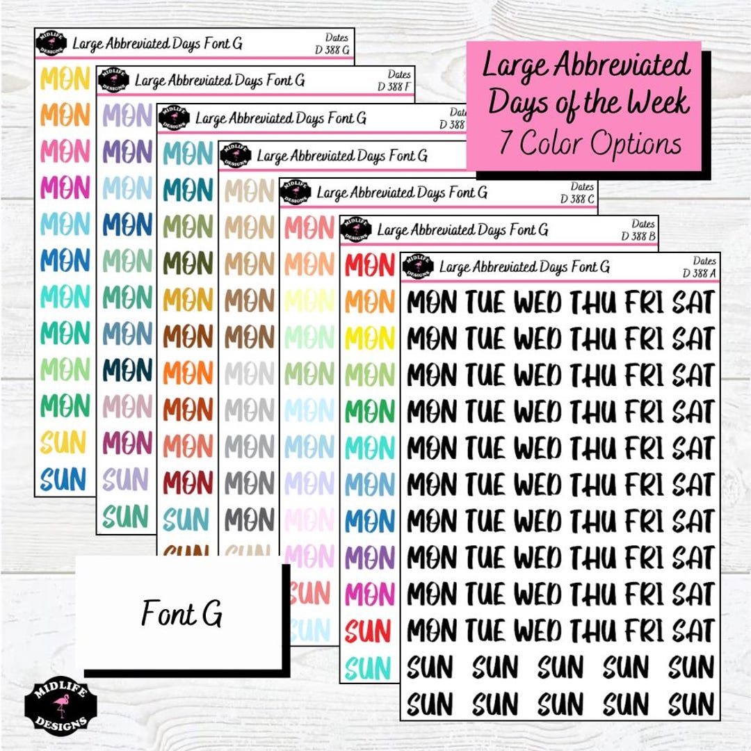 LARGE ABBREVIATED DAYS of the Week Font G | Days of the Week Planner ...