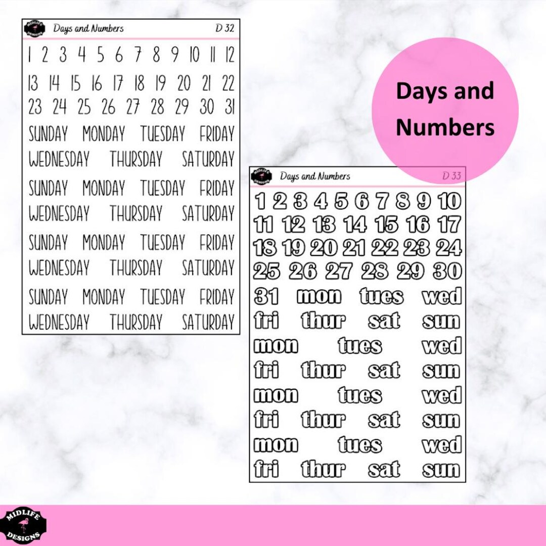DAYS AND NUMBERS | Days of the Week and Numbers Stickers, Planner ...
