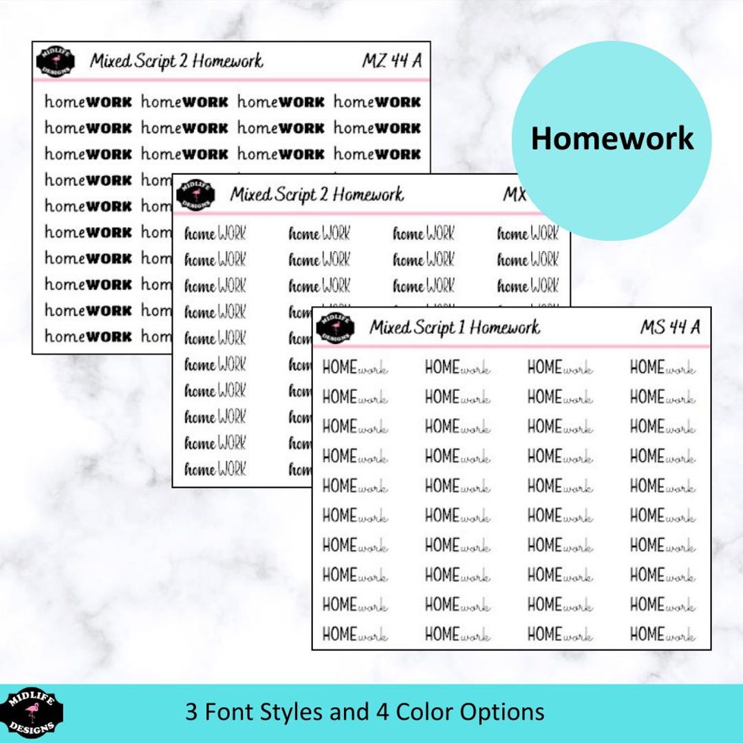 HOMEWORK Mixed Script Planner Stickers, Homework Stickers, School ...