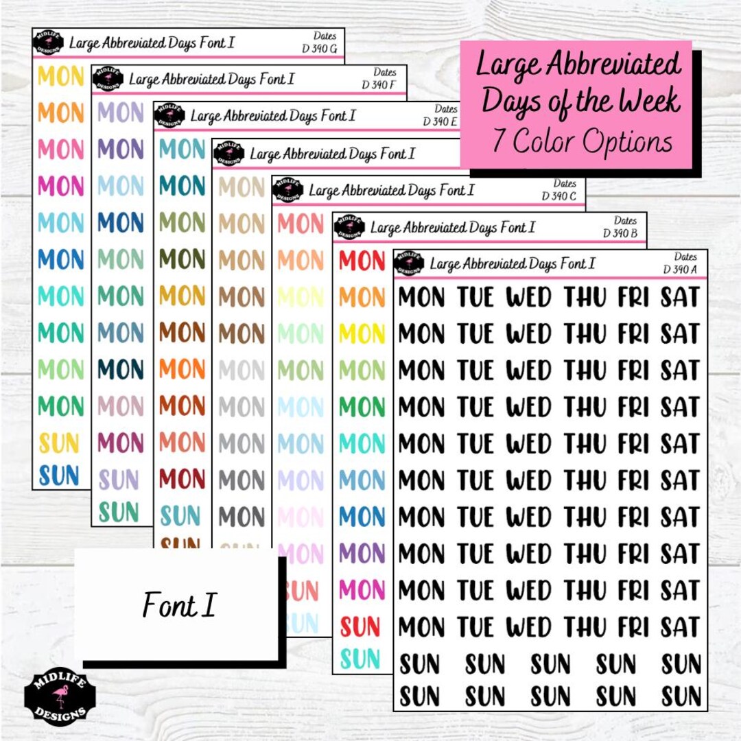 LARGE ABBREVIATED DAYS of the Week Font I | Days of the Week Planner ...