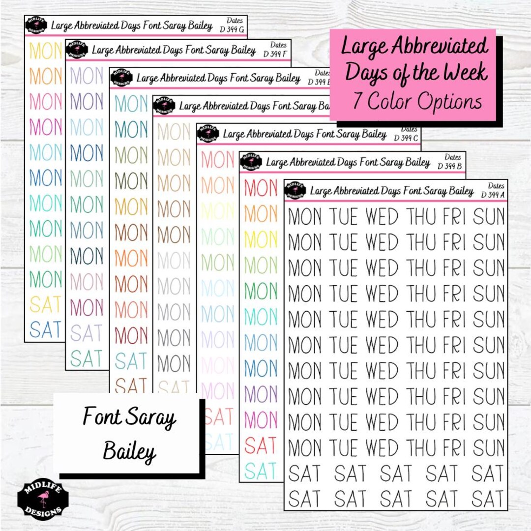 LARGE ABBREVAITED DAYS of the Week Font Saray Bailey| Days of the Week ...