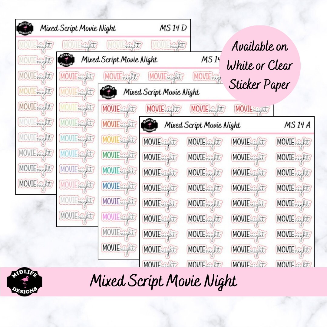 MOVIE NIGHT Mixed Script Planner Stickers, Movie Night Stickers, Movie ...