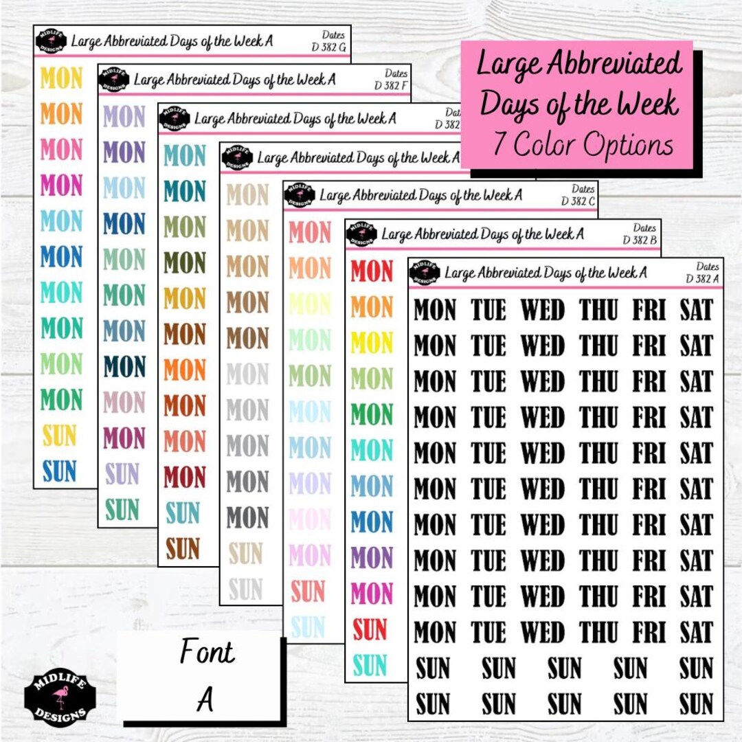 LARGE ABBREVIATED DAYS of the Week Font A | Days of the Week Planner ...