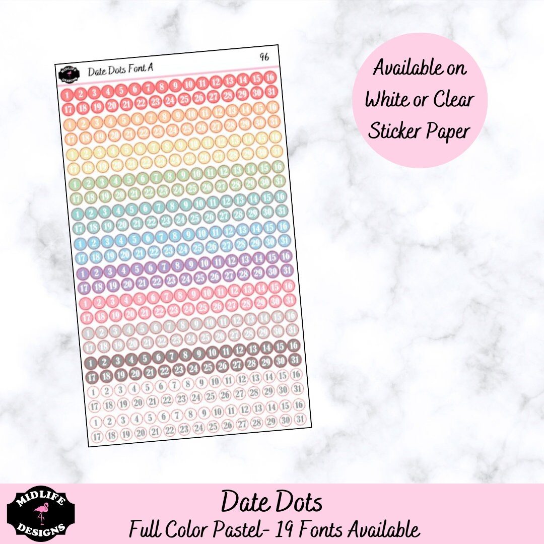 DATE DOTS Full Color Pastel, 19 Fonts, White Date Dots Planner Stickers ...