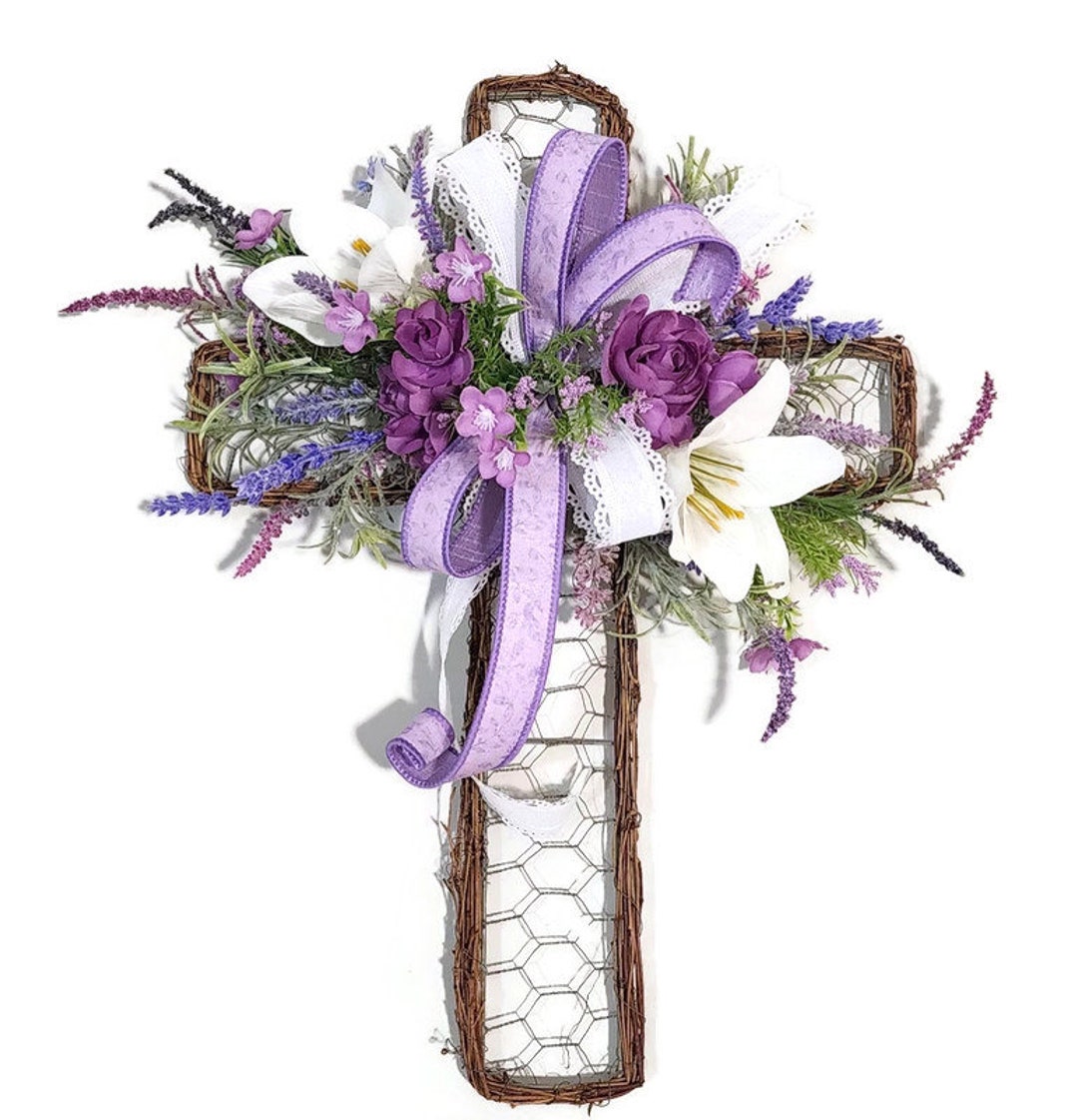 Purple Easter Cross Floral Door Decoration , Easter Lily Home Decor ...