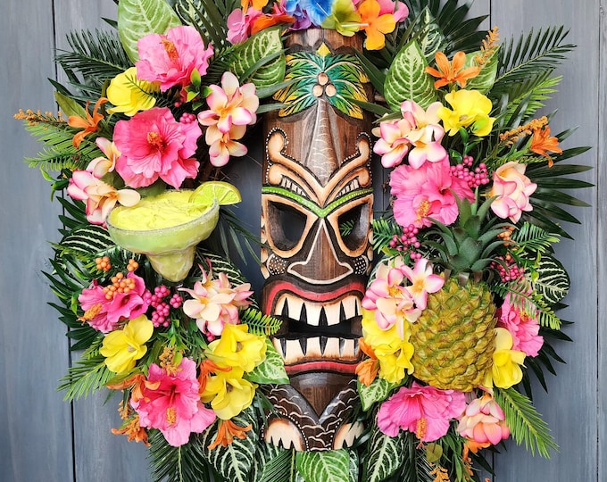 Tropical Tiki Summer Pink Hibiscus Front Door Wreath, Hawaiian Lua Bar ...